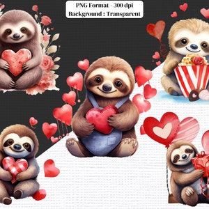 Cute Valentines Love Sloths Png Clipart Designs - Watercolor Valentine ...