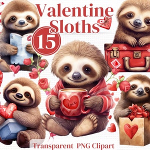 Watercolor Valentine Sloth Clipart: Love Hearts Bundle (PNG Digital ...