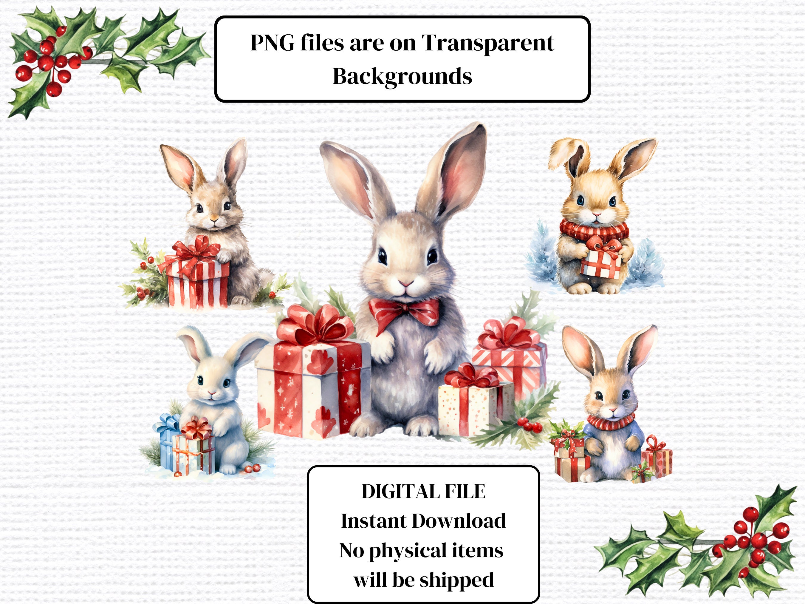 Christmas Bunny Rabbit PNG Clipart Winter Watercolor Bundle - Etsy