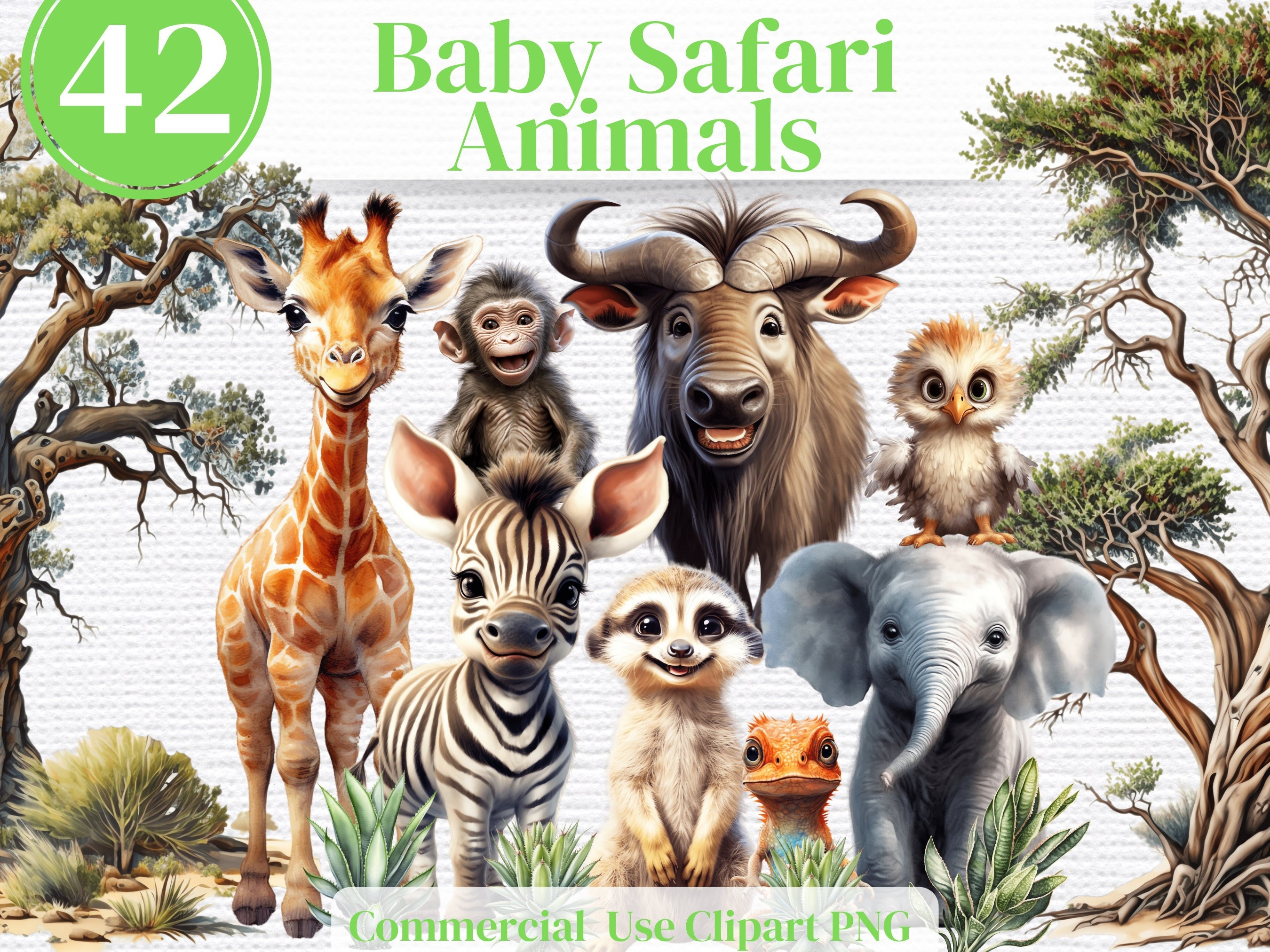 42 Safari Baby Animals Clipart Bundle PNG Nursery Decor Art - Etsy