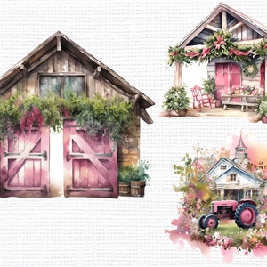 20 Pink Farm Barn Watercolor Clipart Bundle PNG, Farmhouse Clipart ...