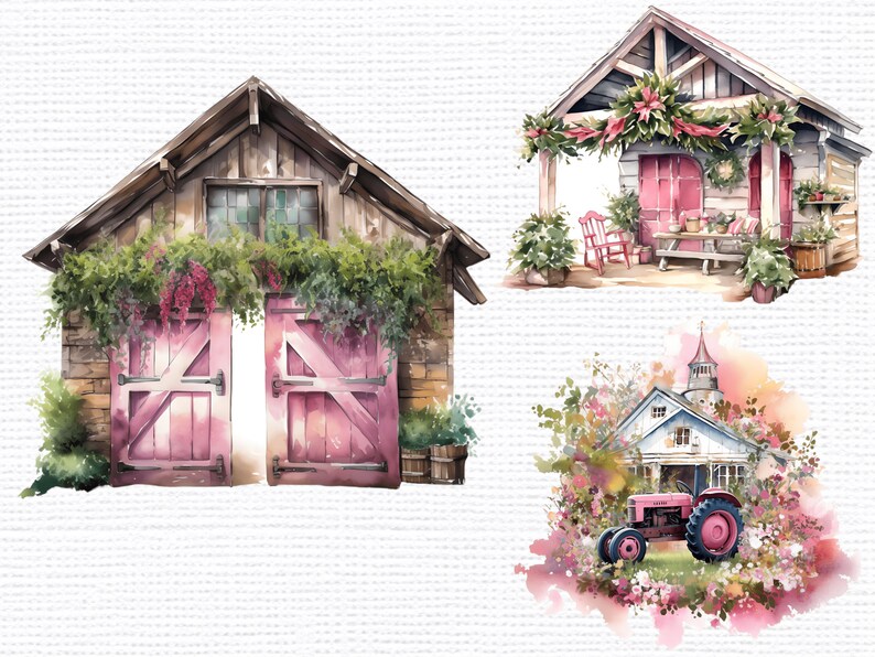 20 Pink Farm Barn Watercolor Clipart Bundle PNG Farmhouse - Etsy