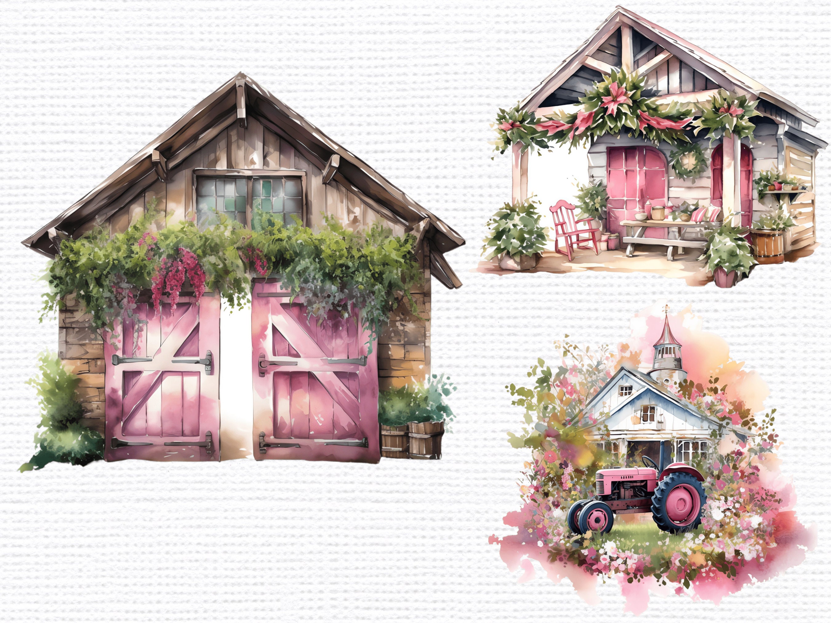 20 Pink Farm Barn Watercolor Clipart Bundle PNG Farmhouse - Etsy
