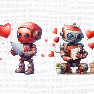 Cute Valentines Robot Png Clipart- Watercolor Love Machines Bundle ...