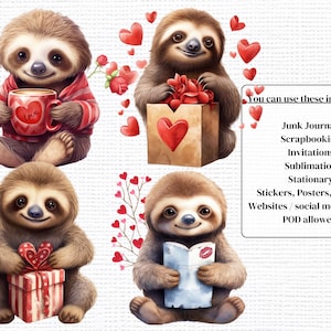 Cute Valentines Love Sloths Png Clipart Designs - Watercolor Valentine ...