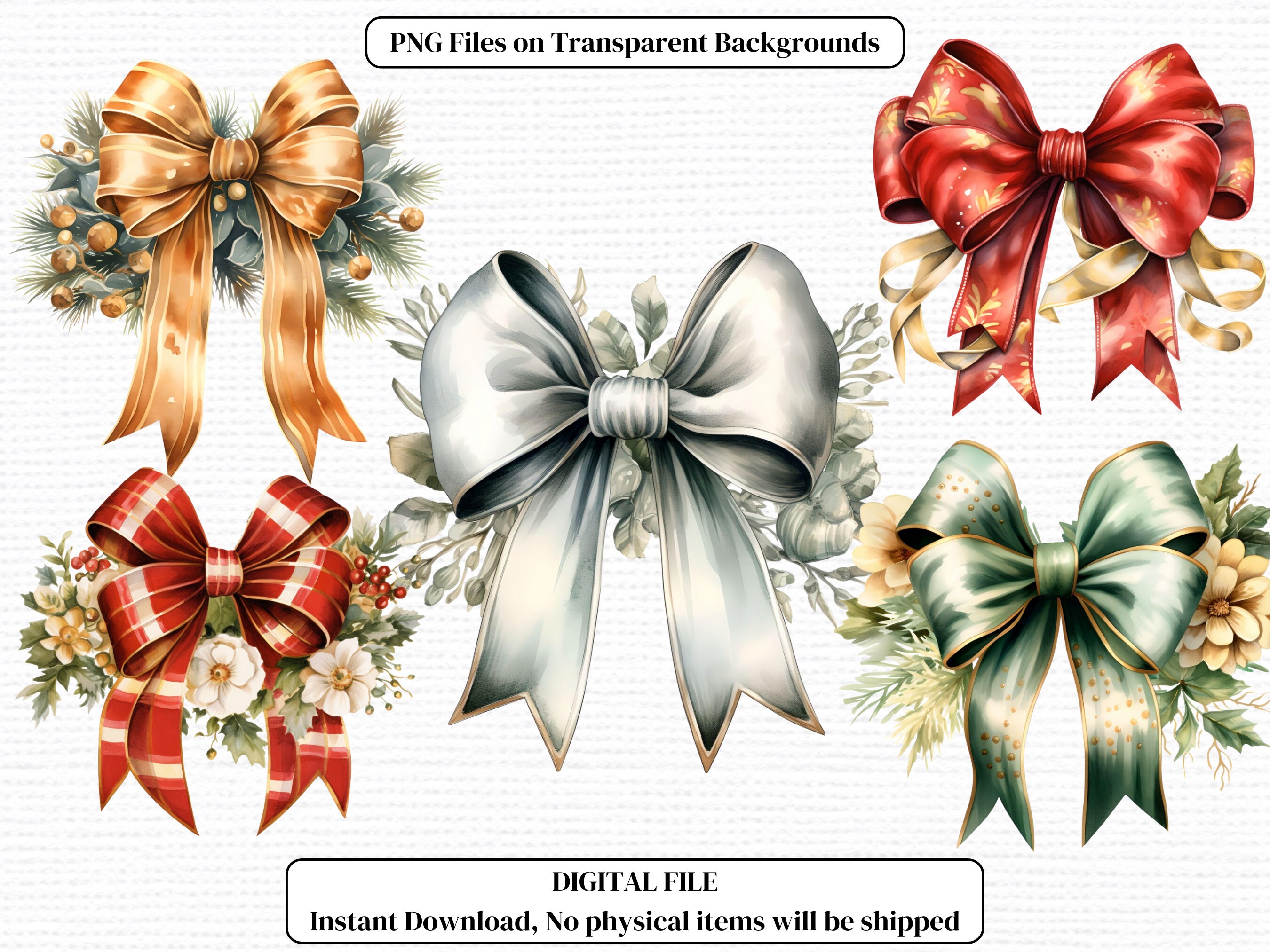 Christmas Bows Png Clipart Watercolor Winter Festive Bundle - Etsy