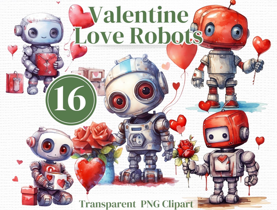 Cute Valentines Robot Png Clipart- Watercolor Love Machines Bundle ...