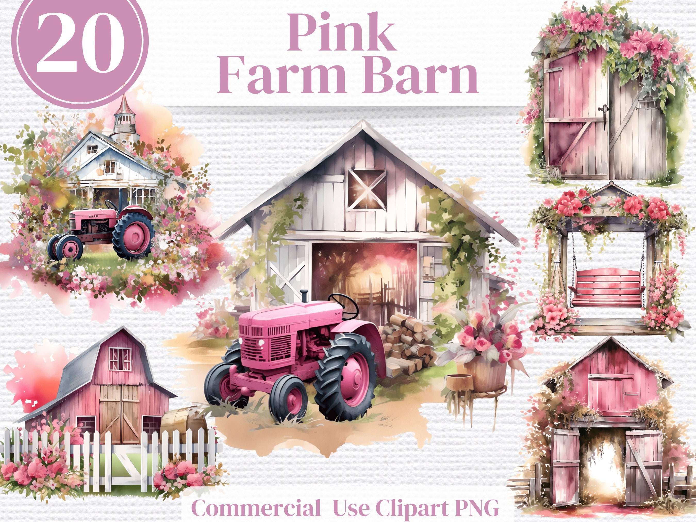 20 Pink Farm Barn Watercolor Clipart Bundle PNG Farmhouse - Etsy