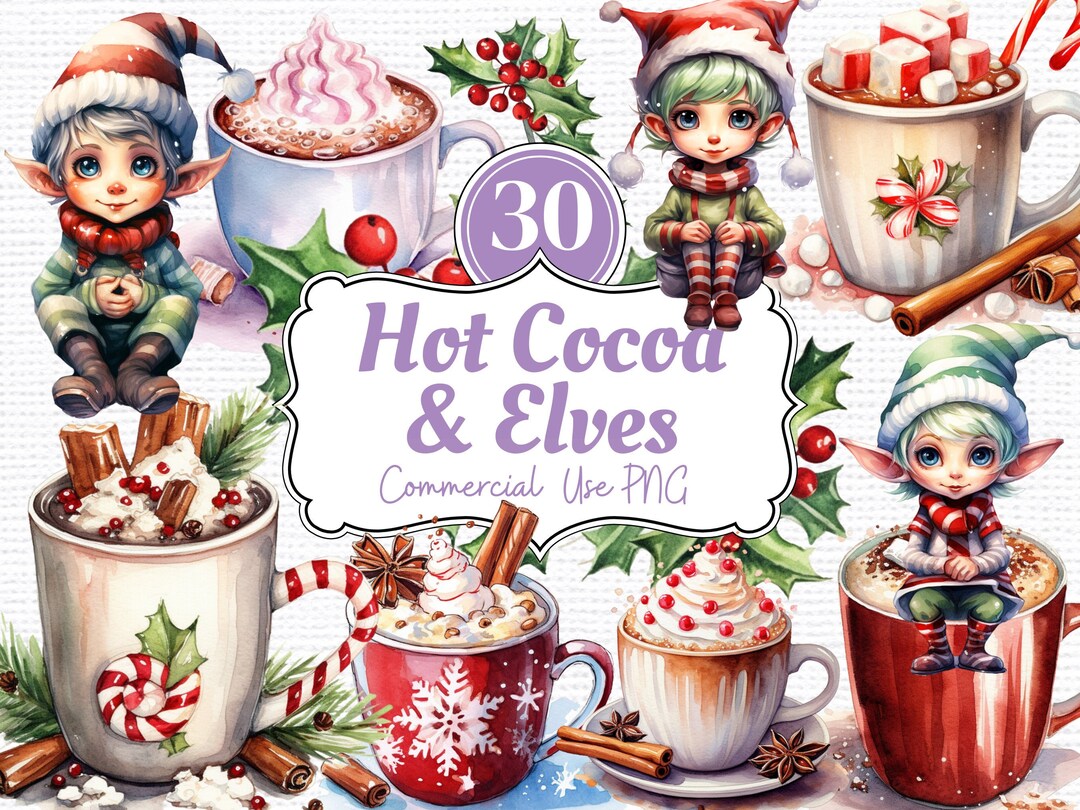 Christmas Elf & Hot Cocoa Watercolor Clipart Bundle (PNG Digital ...