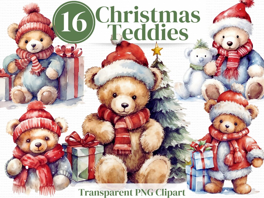 Christmas Teddy Bear Winter PNG Clipart - Watercolor Bundle - Perfect ...