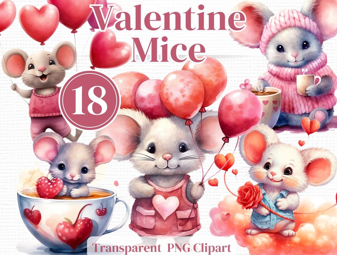 Cute Valentines Mice Png Clipart Graphics - Adorable Watercolor Rodents ...