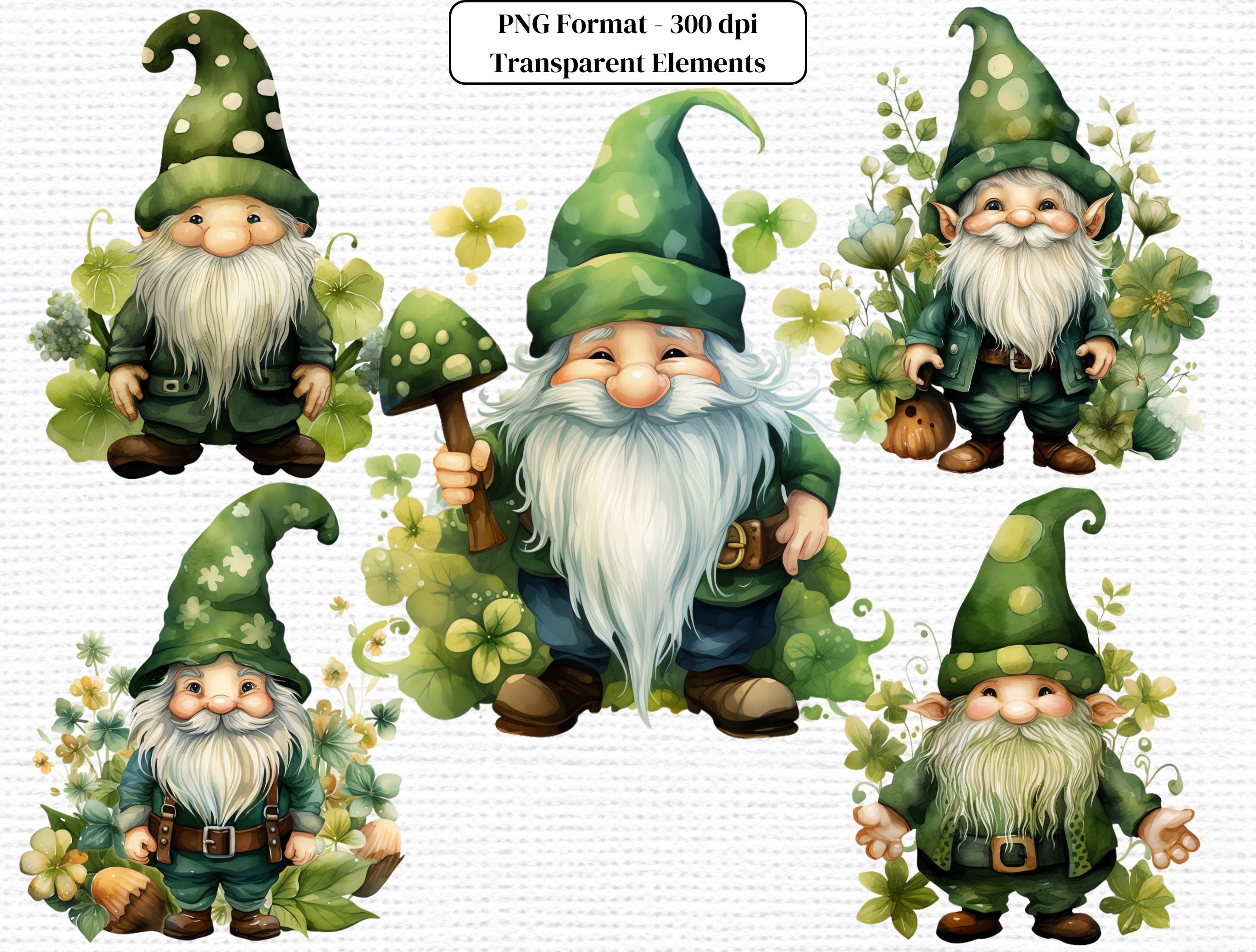 St Patricks Day Gnomes Watercolor Clipart Bundle (PNG Digital Download ...