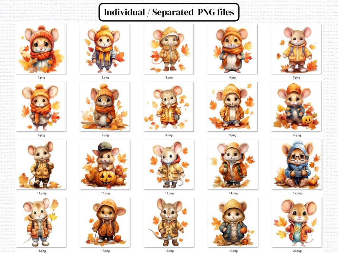 Autumn Mice Png Watercolor Clipart Mouse Images for Planners - Etsy