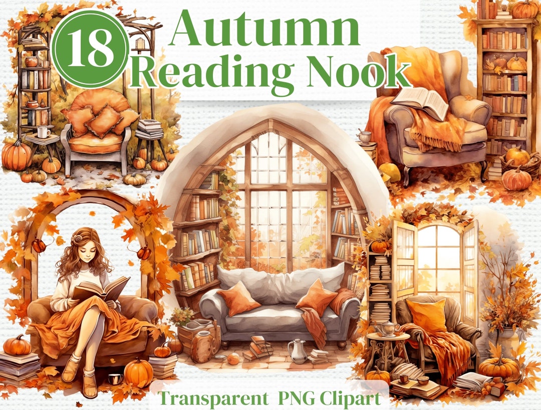 Cozy Autumn Bookworm Reading Nook PNG Clipart - Watercolor Art Design ...