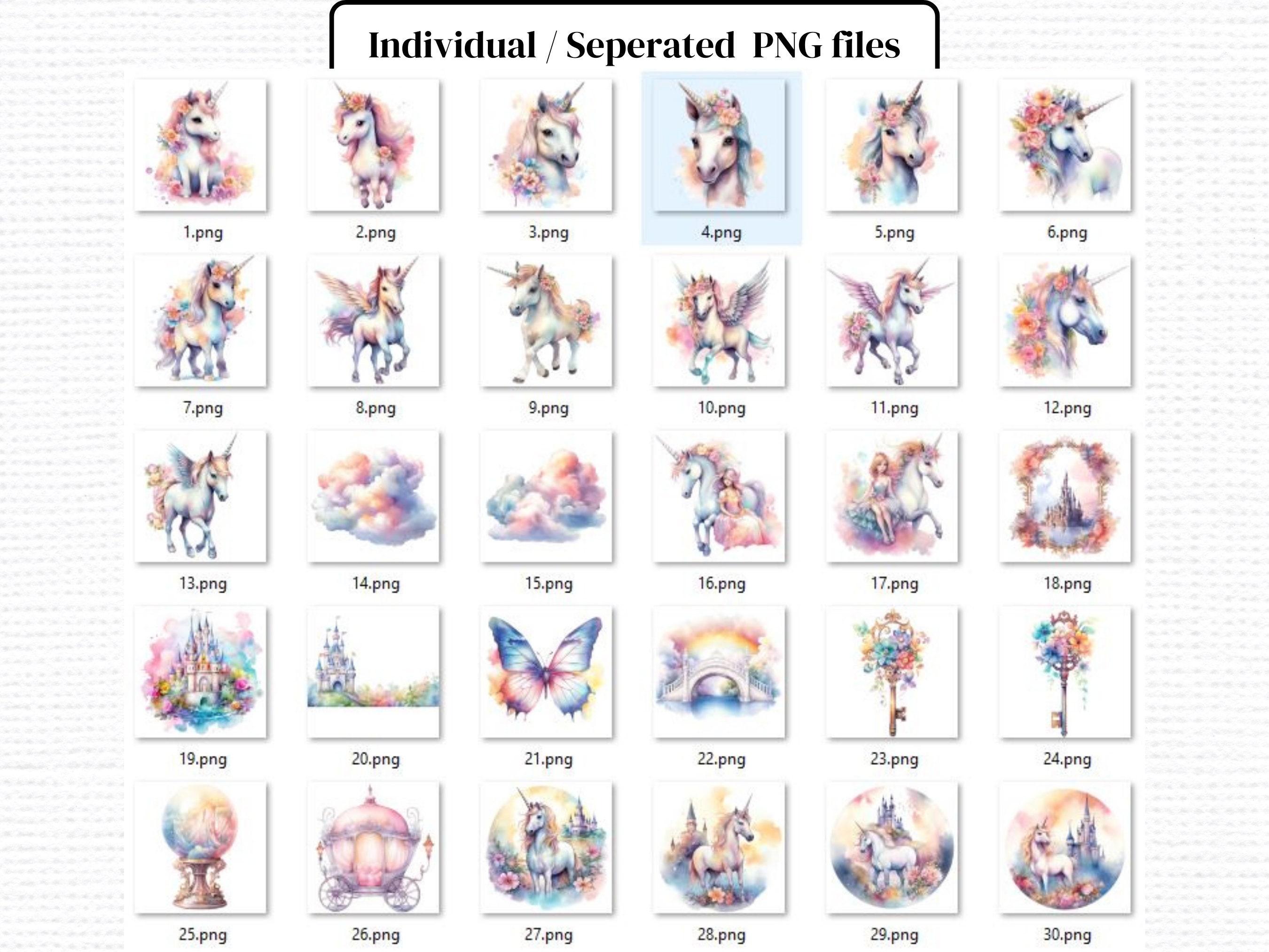 30 Rainbow Unicorn Fantasy -watercolor Clipart Bundle PNG Pack ...