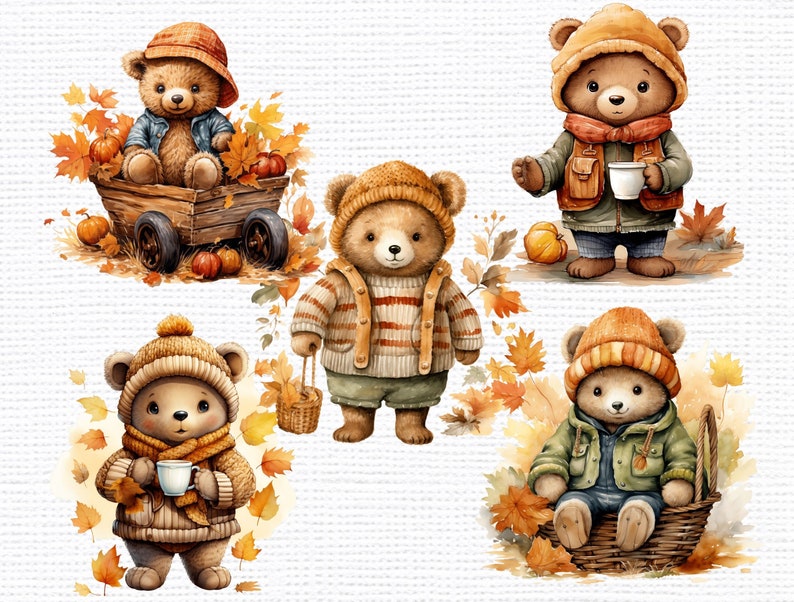 Autumn / Fall Teddy Bear PNG Clipart Watercolor Bundle - Etsy Australia