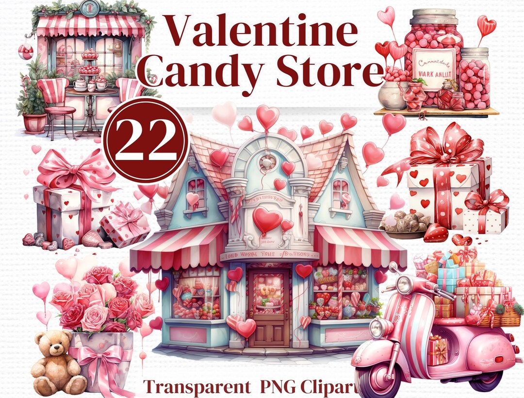 Cute Valentines Candy Shop Png Clipart - Watercolor Sweet Store Bundle ...