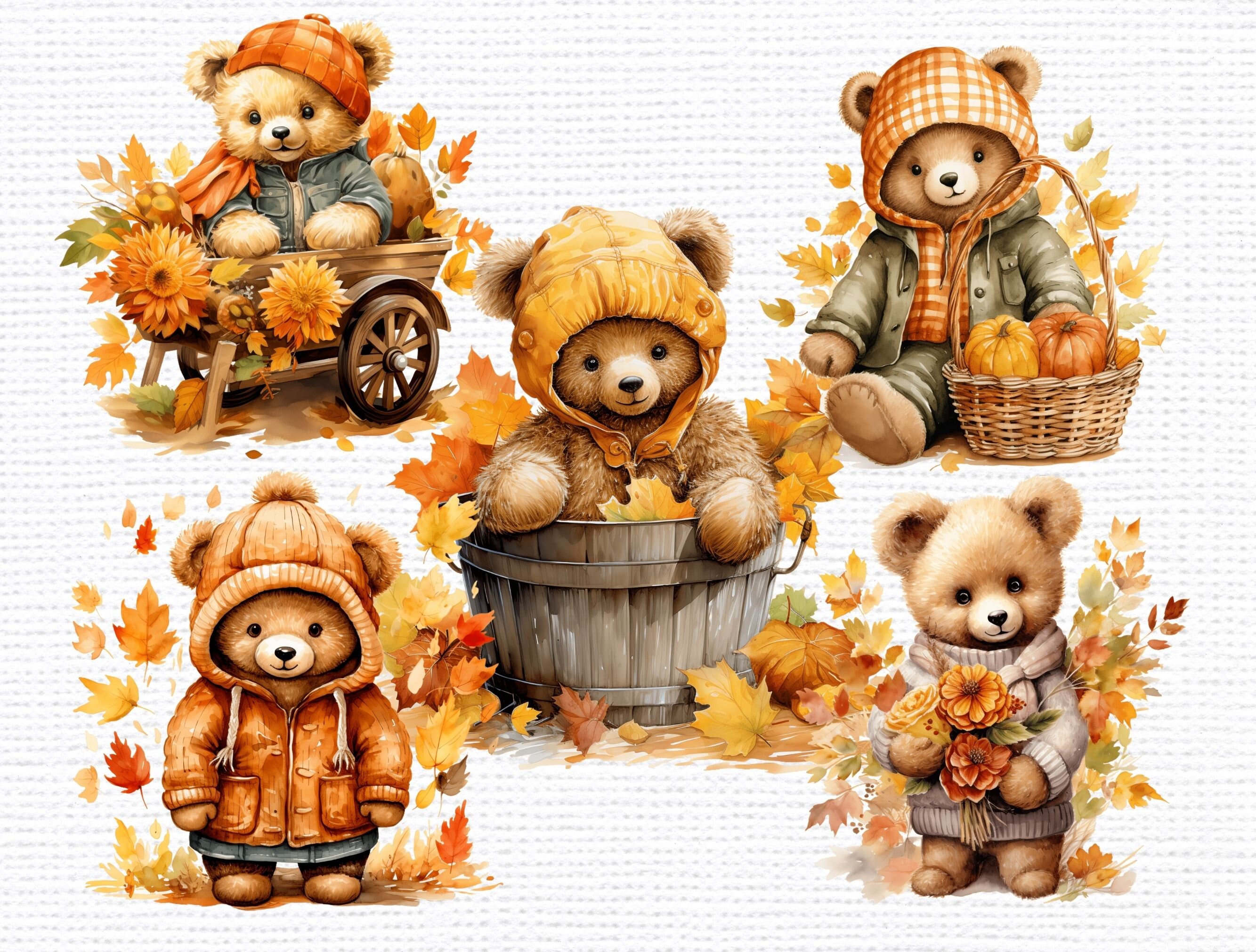 Autumn Teddy Bear Watercolor Clipart Bundle (PNG Digital Download) - Etsy
