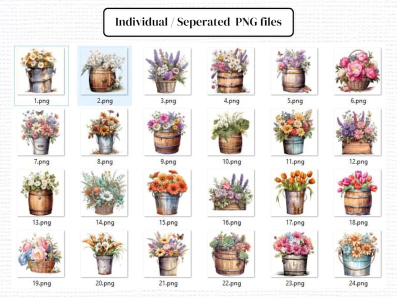 Watercolor Wildflower Png Clipart in Rustic Buckets Baskets - Etsy
