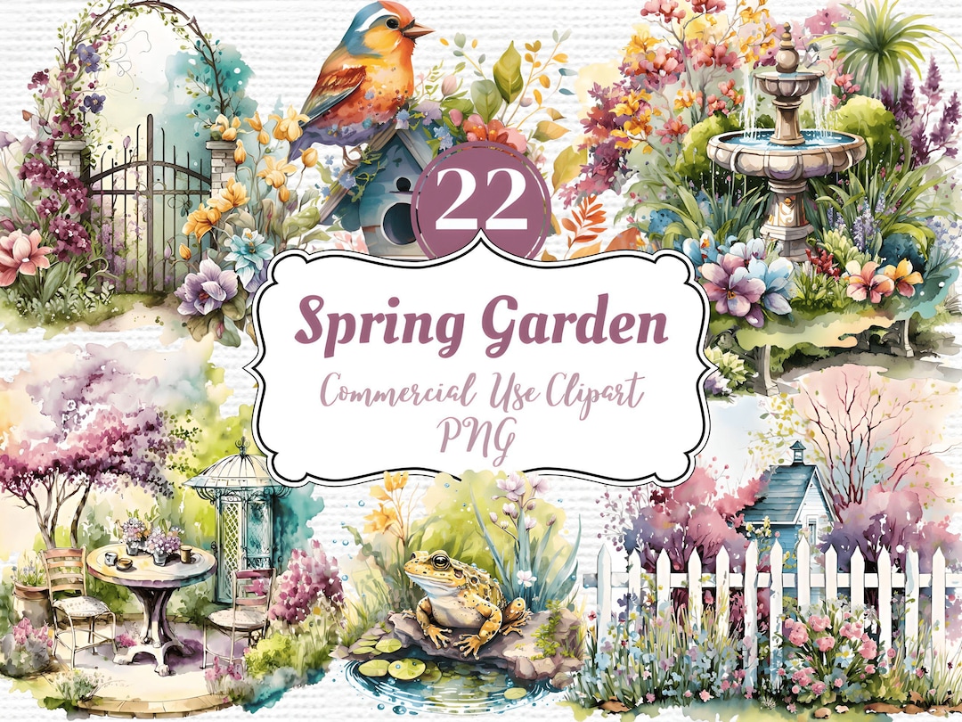 22 Spring Garden Clipart Graphics , Watercolor Clipart Including Fence ...