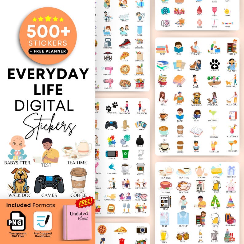 500+ Everyday Digital Stickers for Goodnotes | Pre-cropped PNG Stickers ...