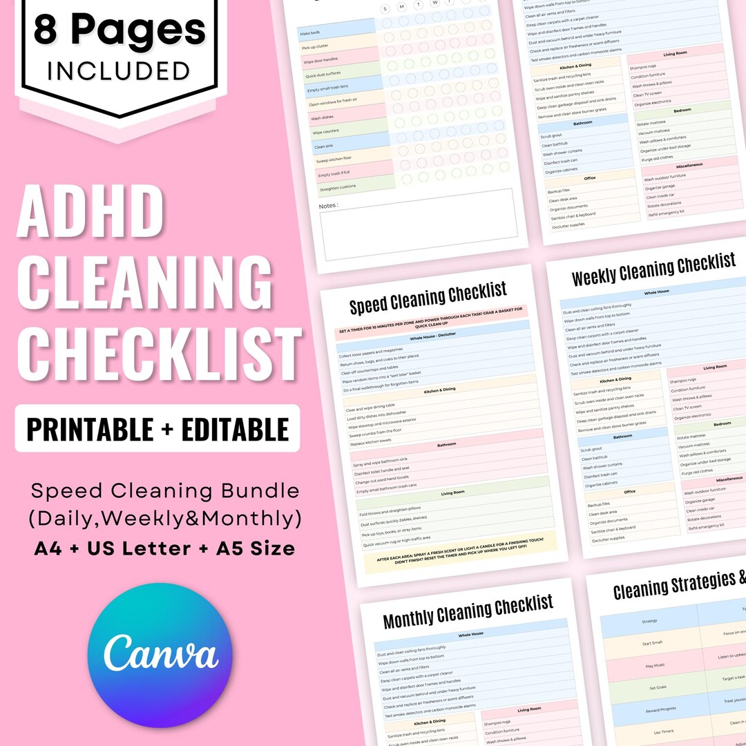 Editable ADHD Cleaning Checklists, Cleaning Tips and Strategies & Speed ...