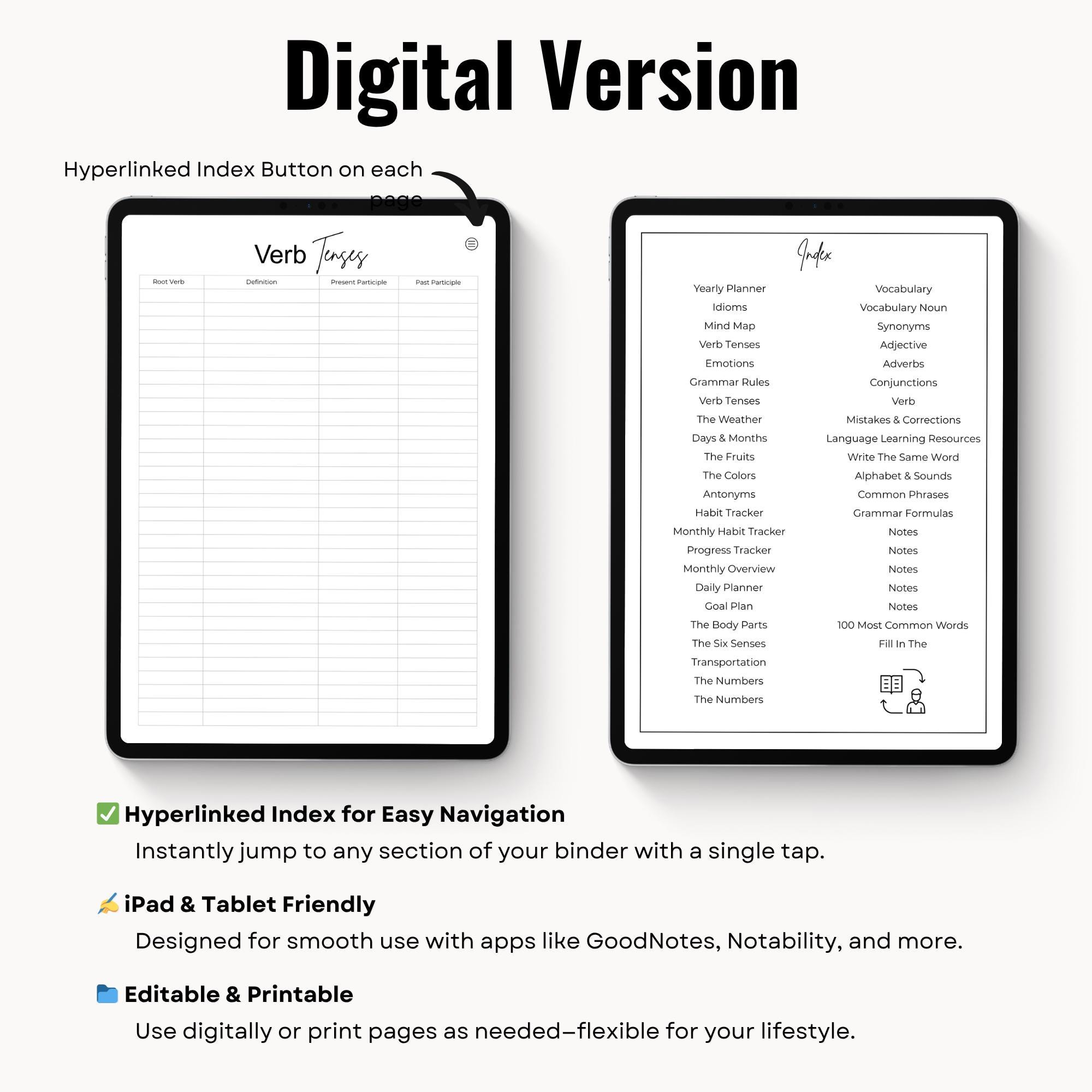 Language Learning Planner, Digital Vocabulary Workbook, iPad Goodnotes ...