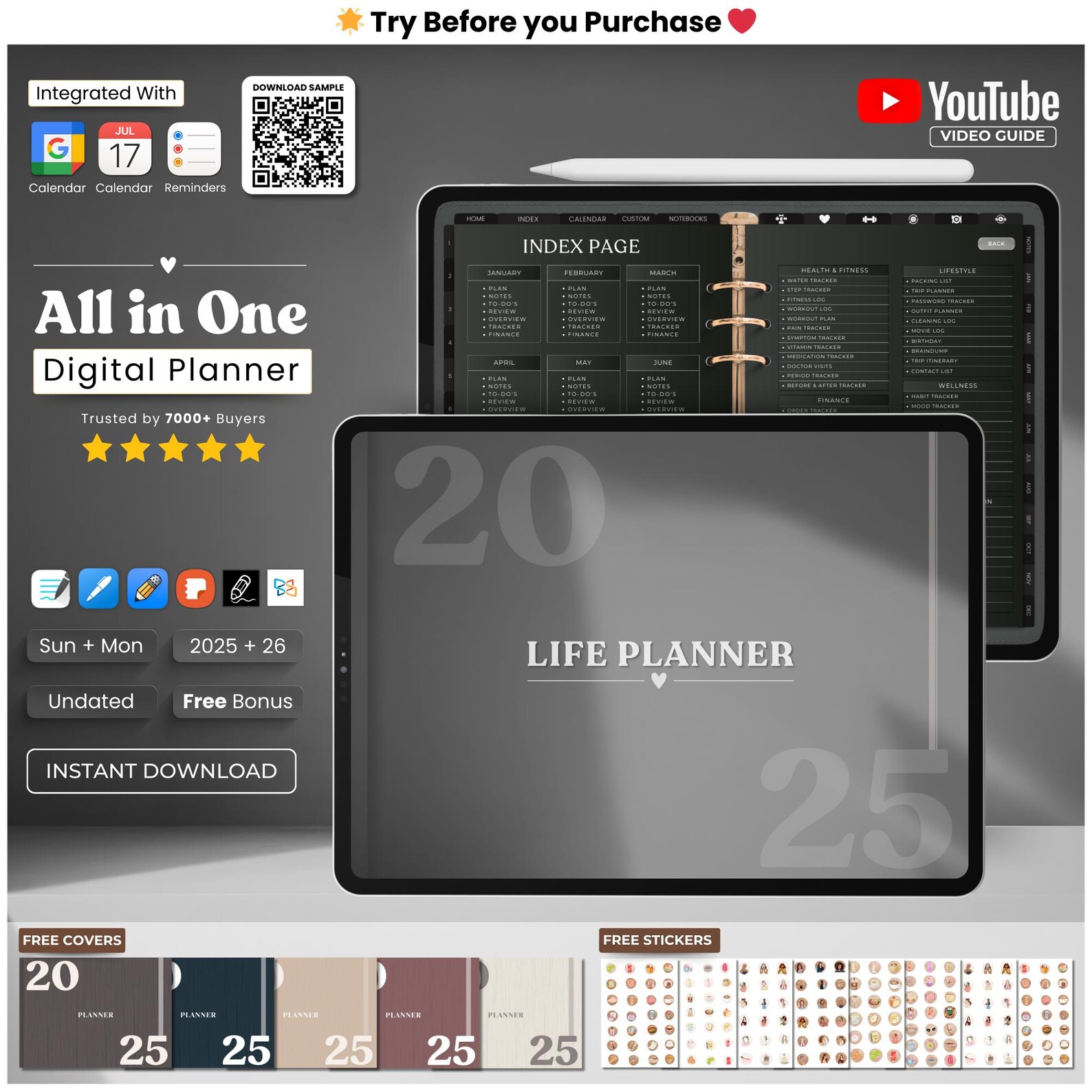 Dark Mode All-in-one Digital Planner 2024, 2025, 2026, Undated Digital ...
