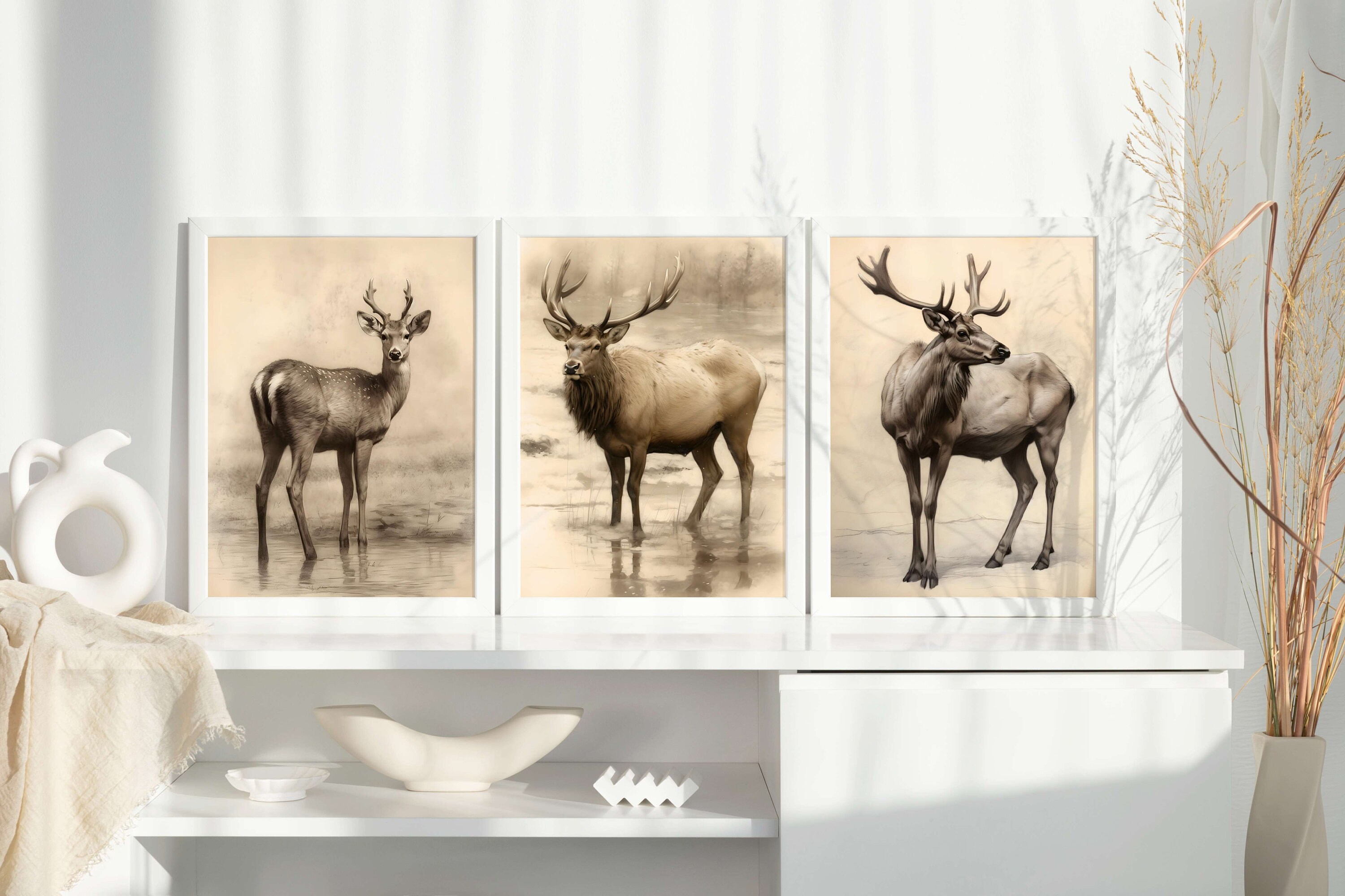 Deer Set of 3 Digital Print Trio Deer Elk Reindeer Poster Wallart ...