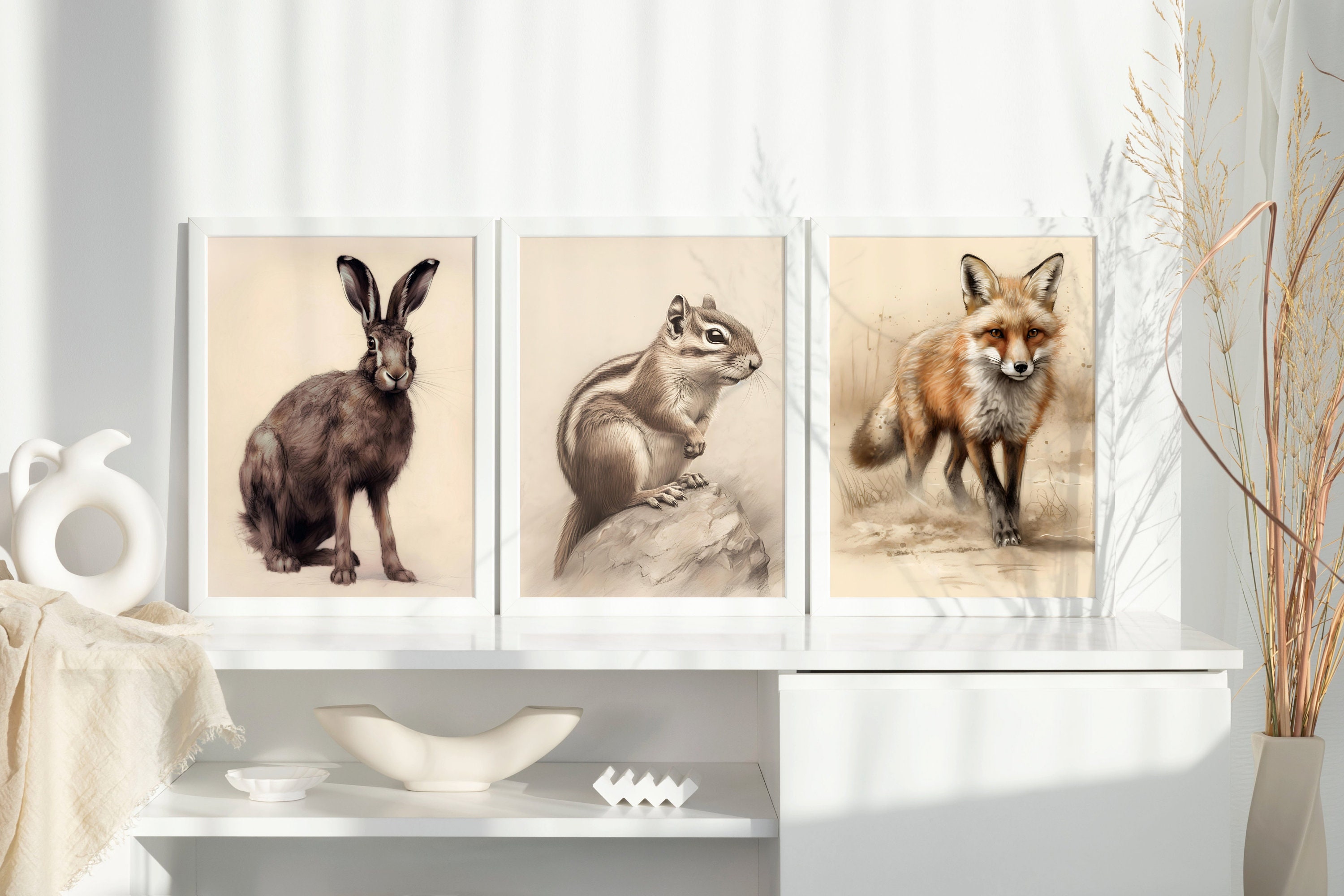 Cottagecore 3 Set Downloadable Hare, Chip Munk, Woodland Fox Decor ...