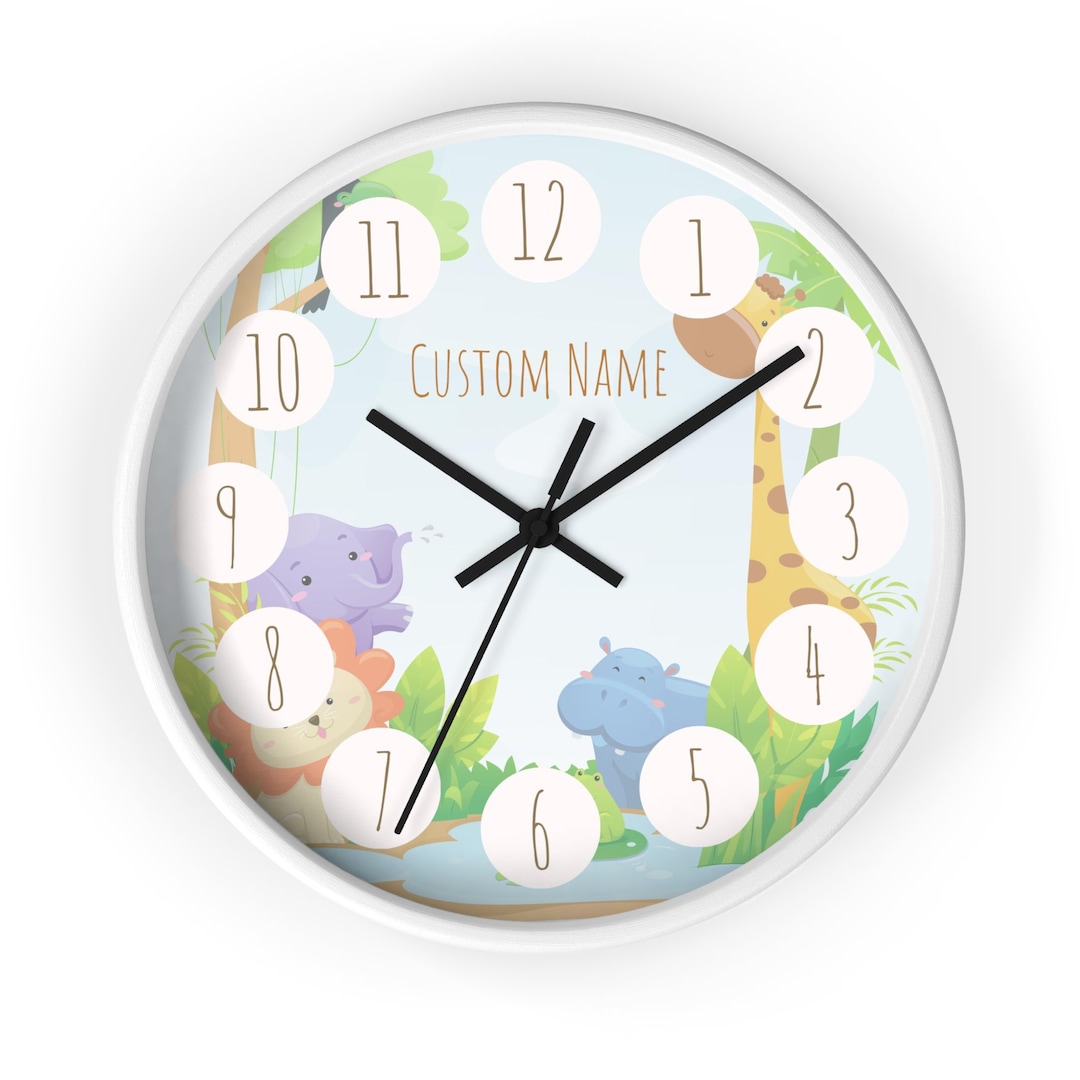 Custom Wall Clock Kids Time Clock Safari Theme Animals Giraffe Lion ...