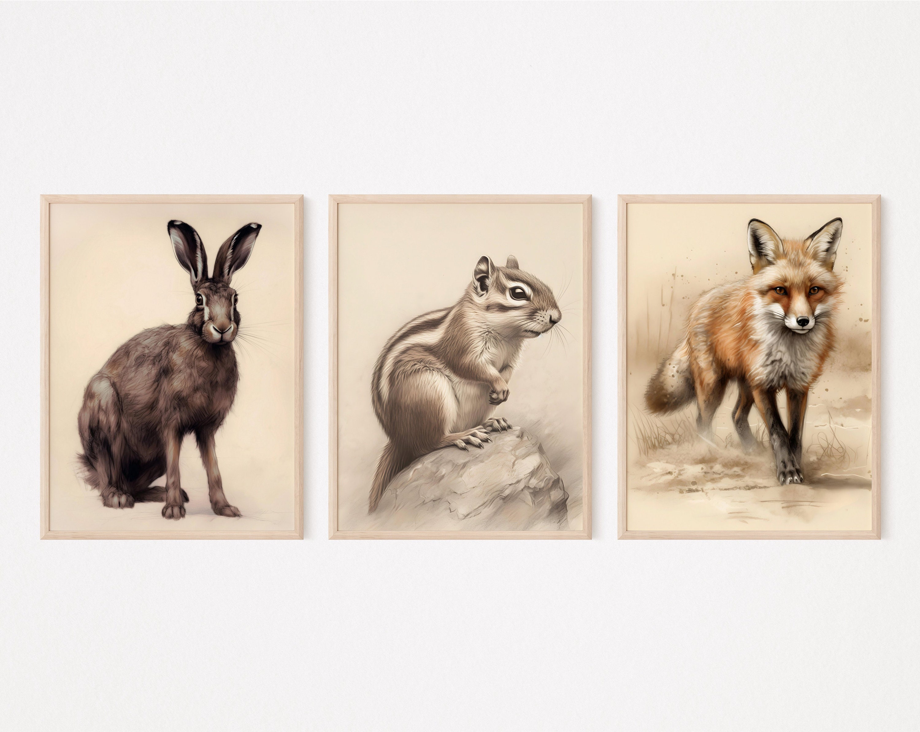 Cottagecore 3 Set Downloadable Hare, Chip Munk, Woodland Fox Decor ...