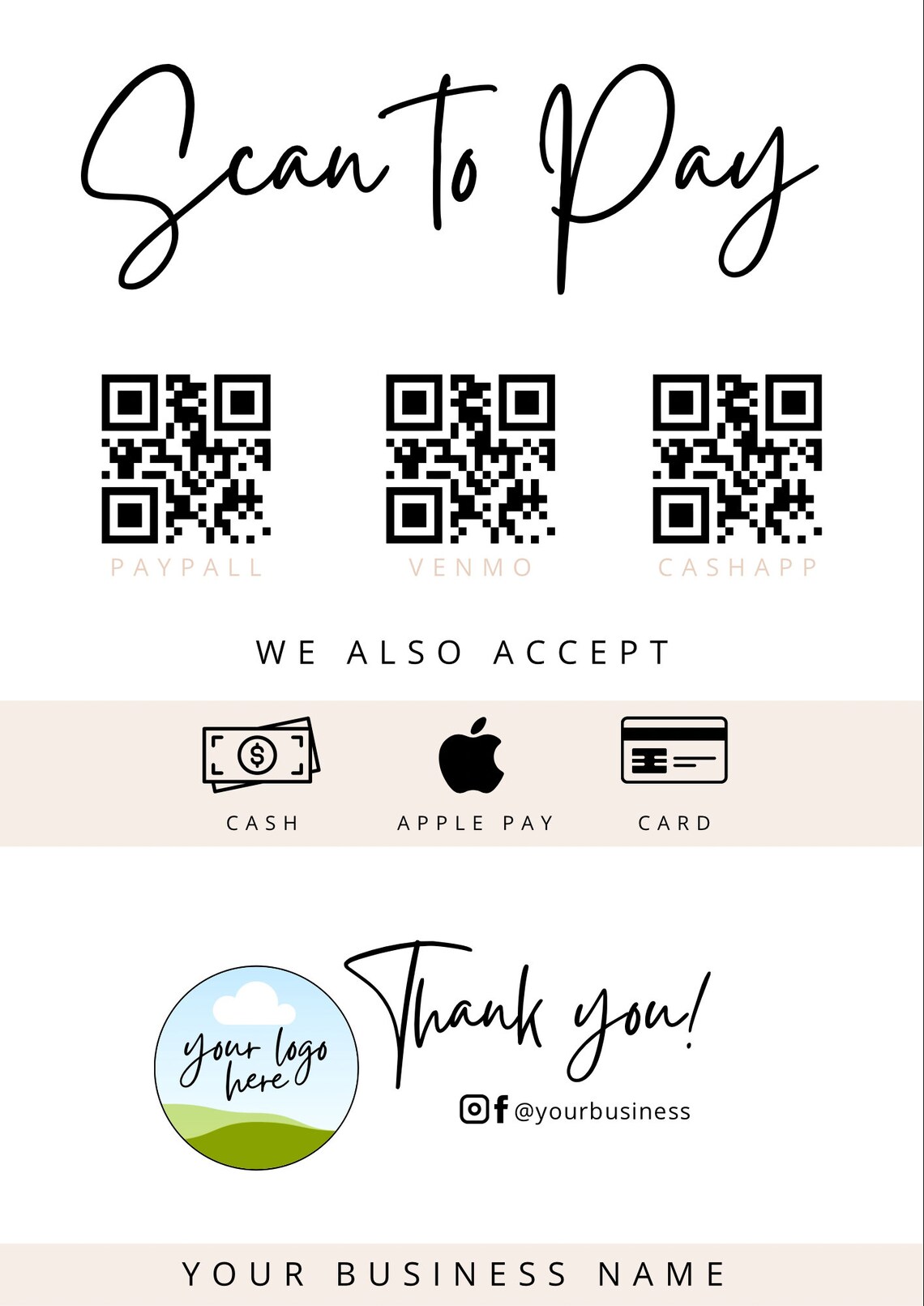 Scan to Pay Sign Pay to Scan Template Card Scan to Pay Cash Editable QR ...