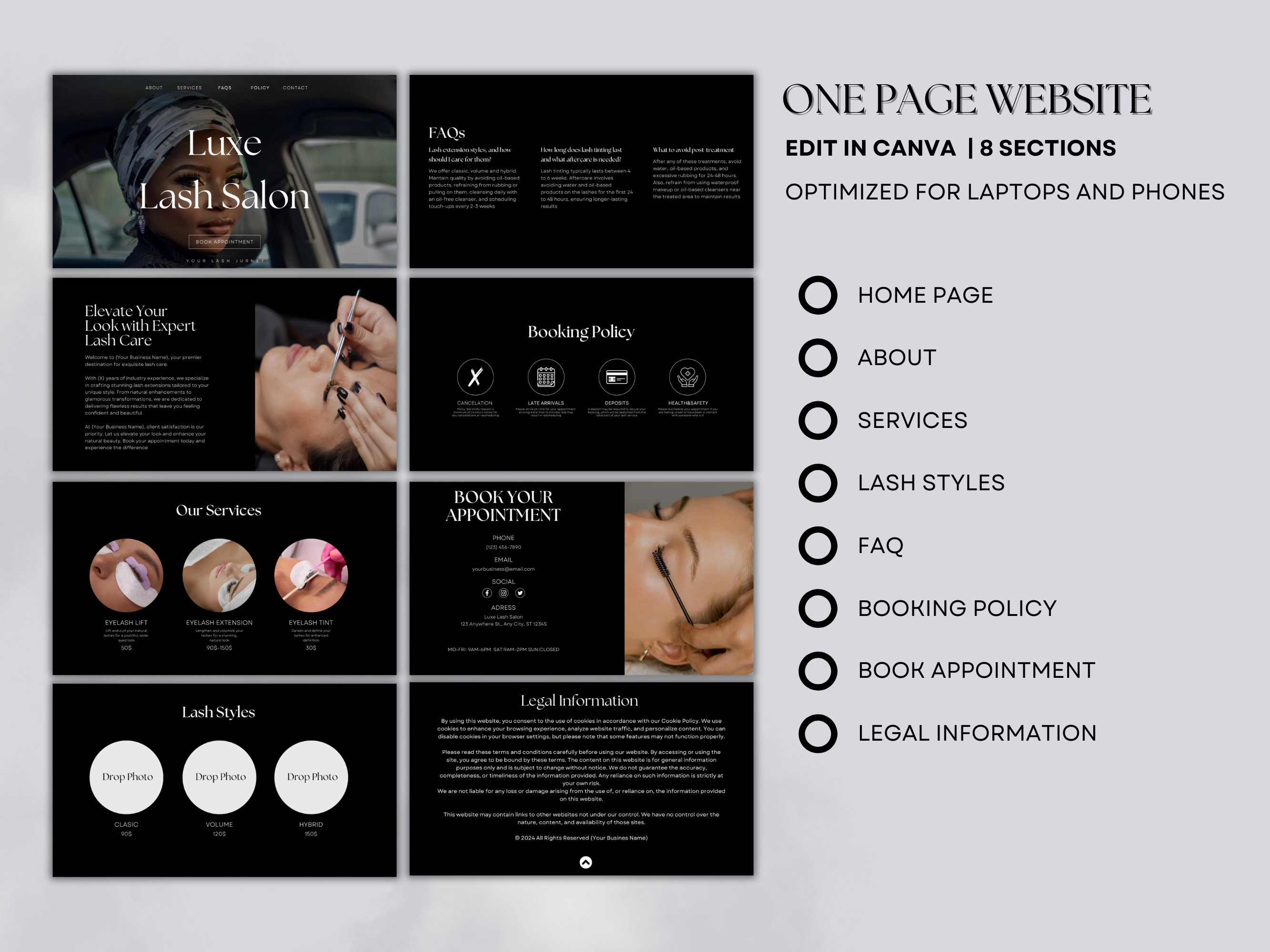 Lash Tech Website Template One Page Webiste Canva Template Lash Salon ...