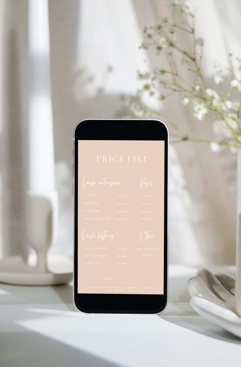 Lash Price List Template Digital Price List Electronic Price List Salon ...