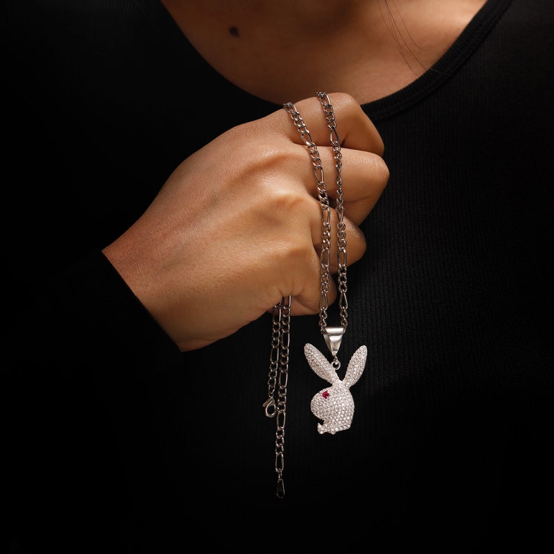 Sterling Silver Playboy Rabbit Iced Out Silver Playboy Bunny Pendant ...