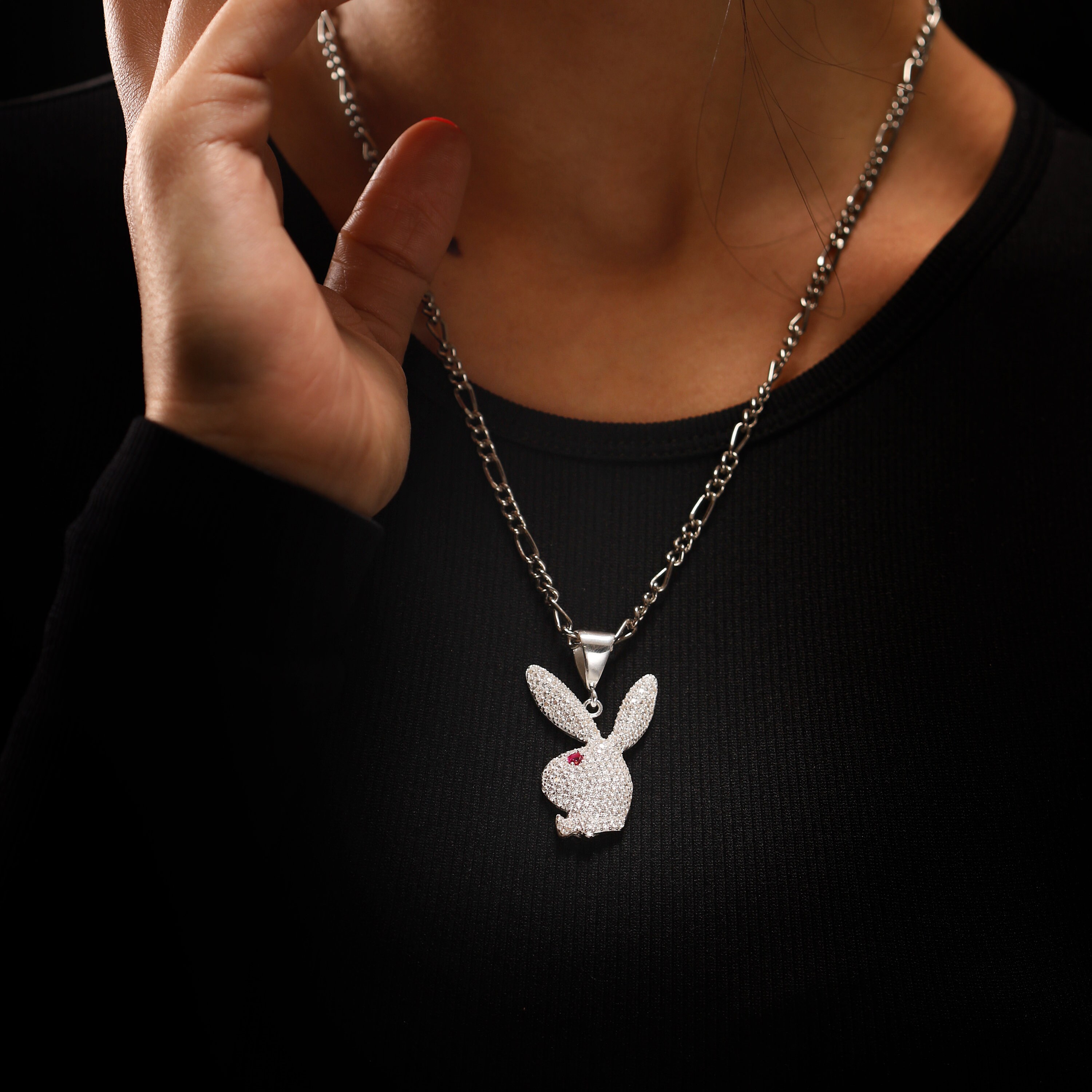 Sterling Silver Playboy Rabbit Iced Out Silver Playboy Bunny Pendant ...