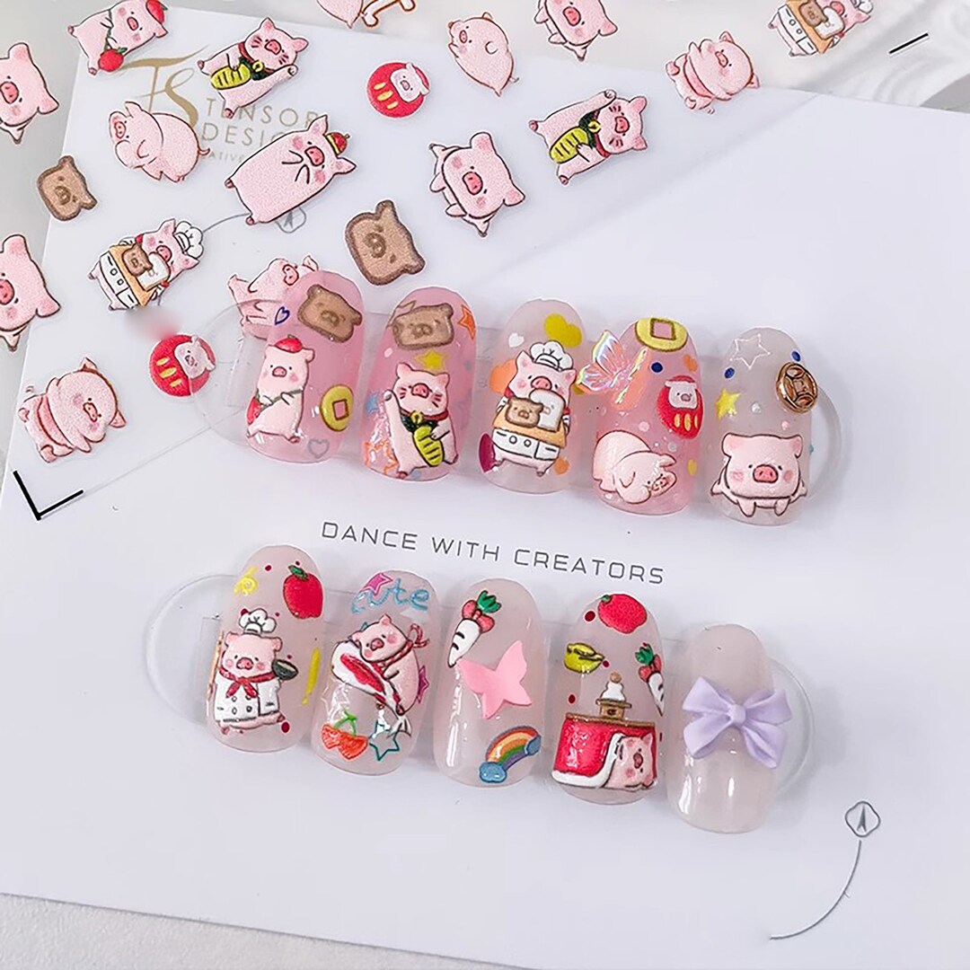Pink Pig Nail Stickers Pink Pig Nail Decals Animal - Etsy