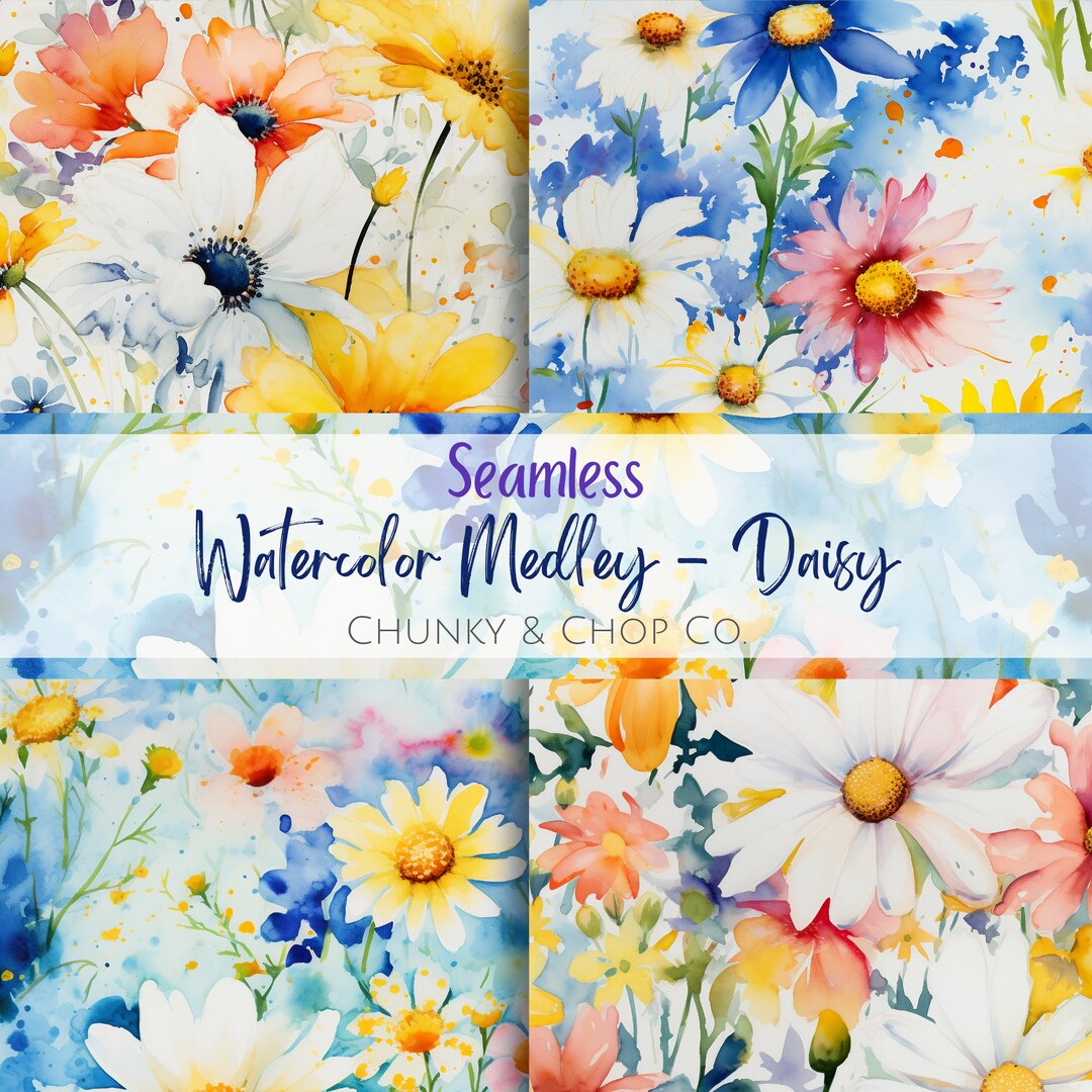 Watercolor Floral Medley Daisy Digital Paper 1: Spattered Pattern Pack ...