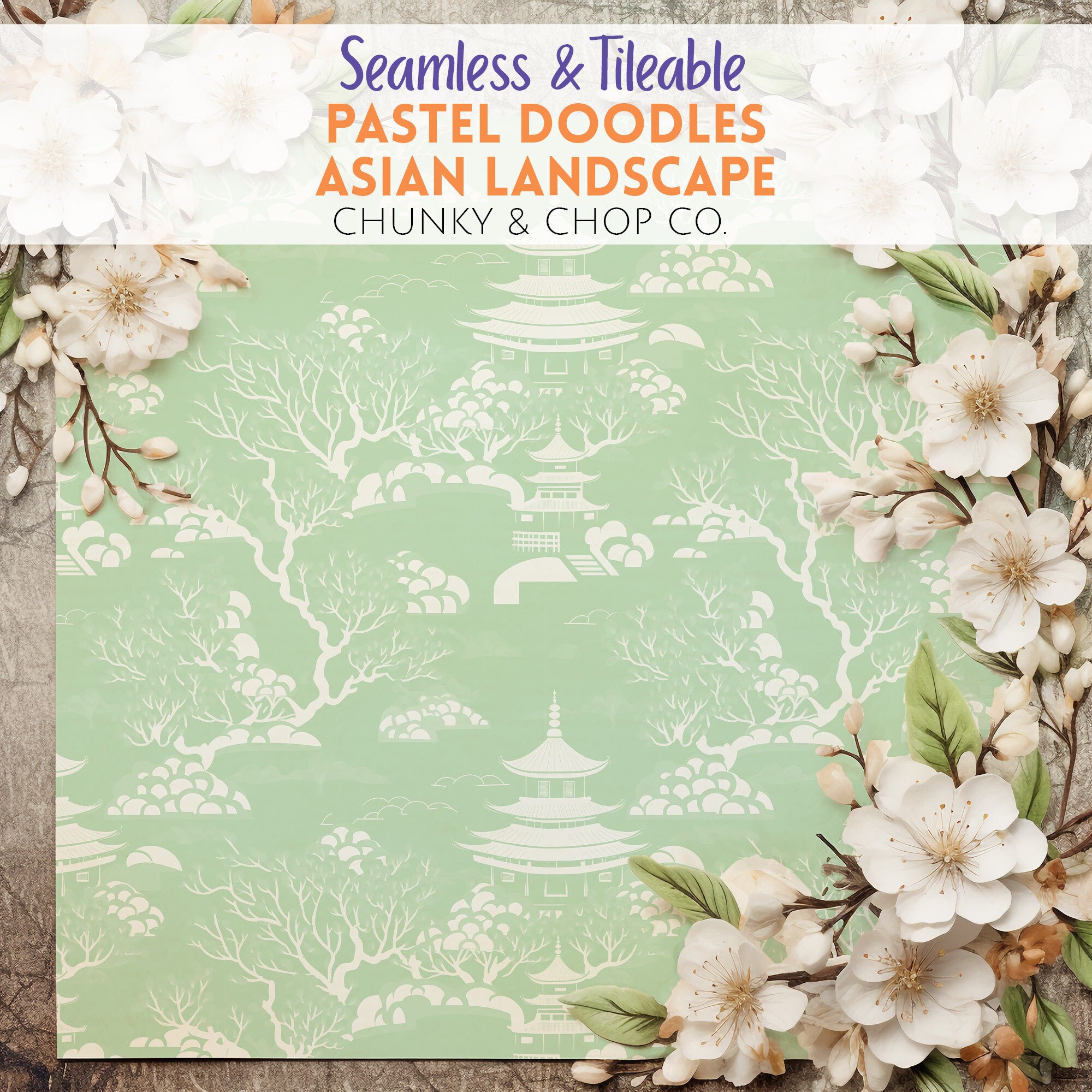 Pastel Doodles Asian Landscape Digital Paper, Seamless Pattern, Pastel ...