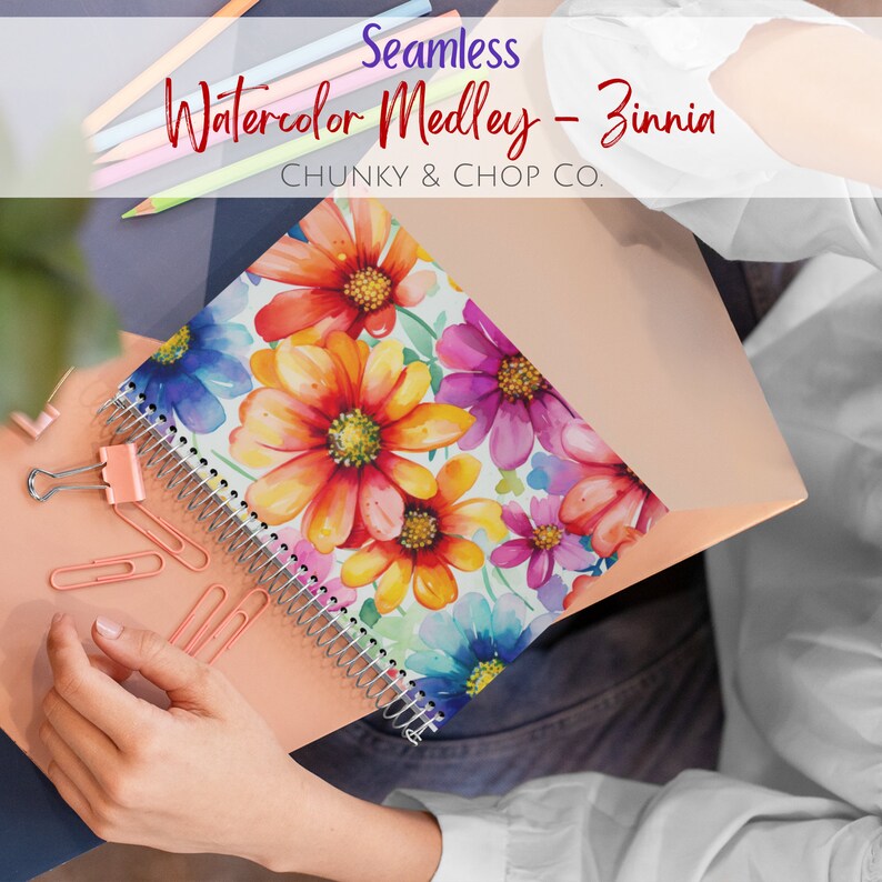 Watercolor Floral Medley Zinnia Digital Paper 1: Spattered Pattern Pack ...