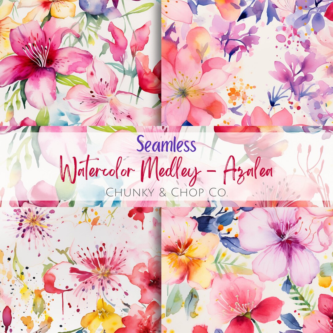 Watercolor Floral Medley Azalea Digital Paper 1: Spattered Pattern Pack ...