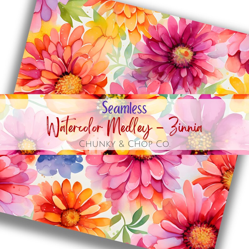 Watercolor Floral Medley Zinnia Digital Paper 1: Spattered Pattern Pack ...