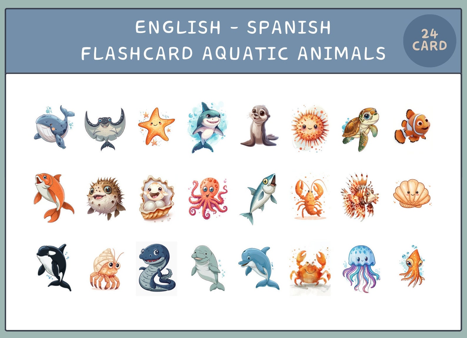 Aquatic Animals Flashcards English and Spanish Vocabulary set of 24 - Etsy