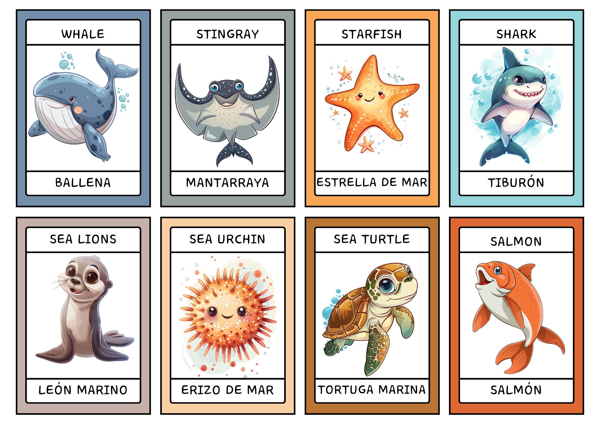 Aquatic Animals Flashcards English and Spanish Vocabulary set of 24 - Etsy