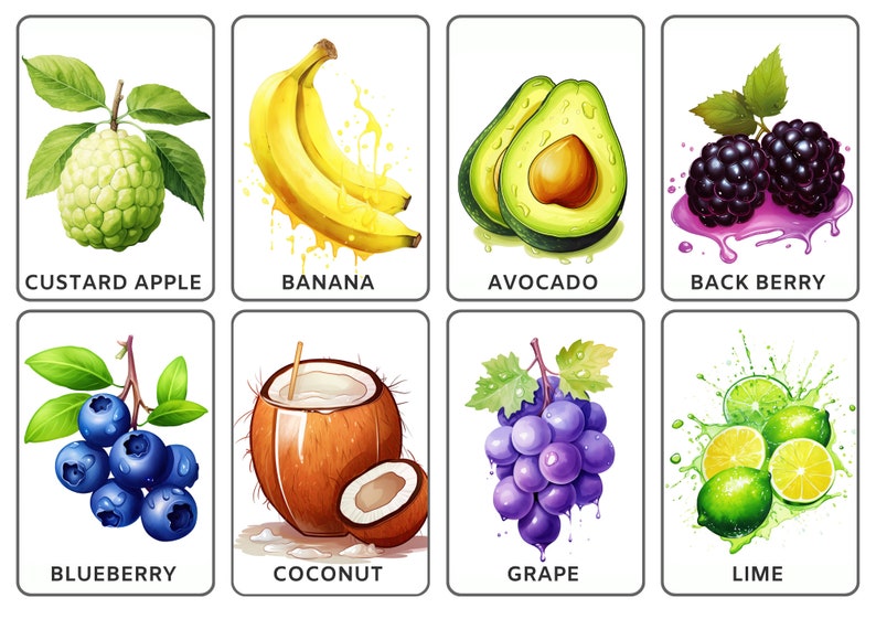Vibrant Fruit Flash Cards Printable A4 Sheets 8 Fruits, 3 Pages ...