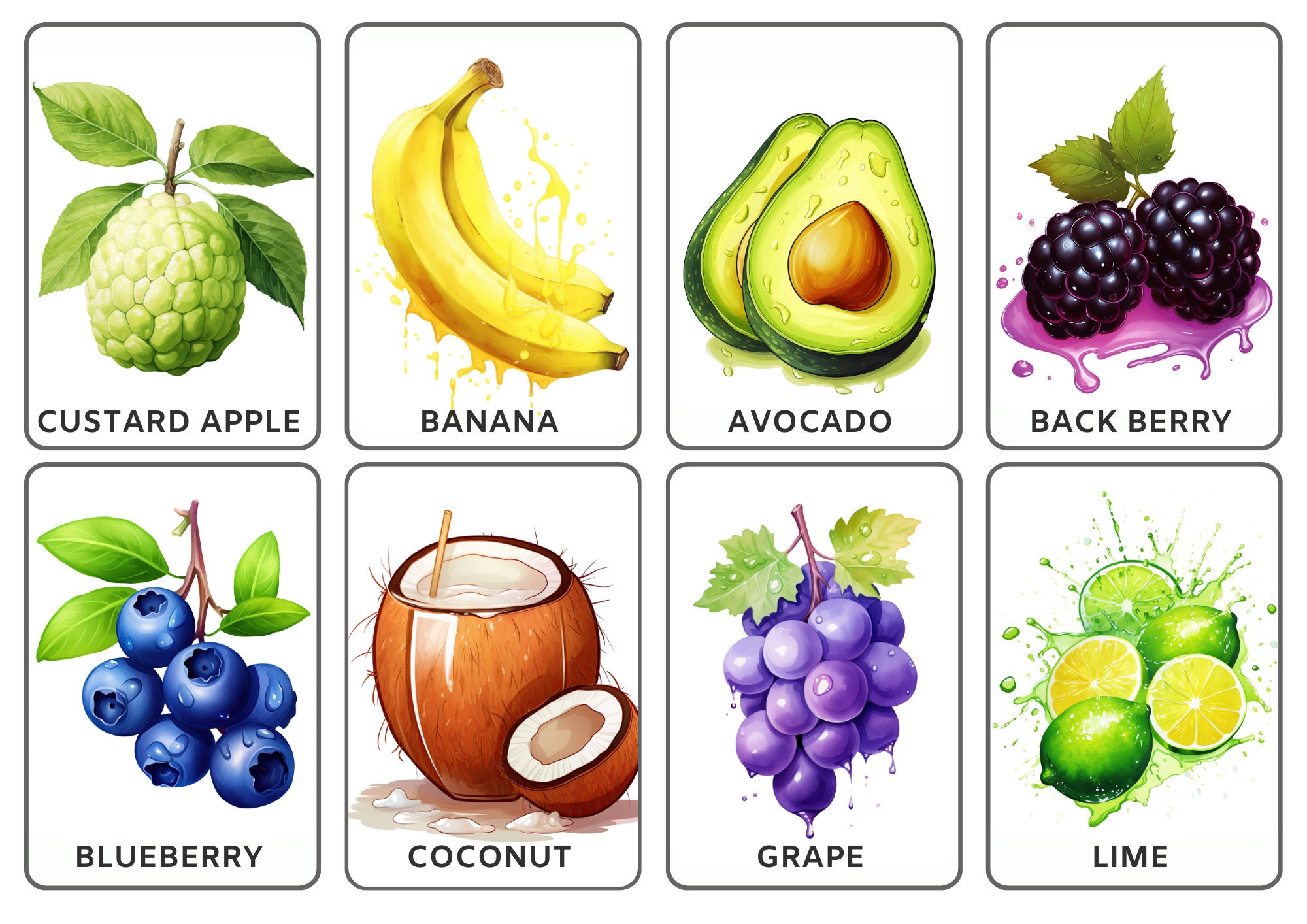 Vibrant Fruit Flash Cards Printable A4 Sheets 8 Fruits, 3 Pages ...