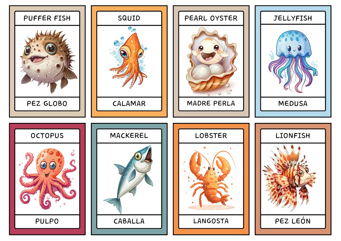 Aquatic Animals Flashcards English and Spanish Vocabulary set of 24 - Etsy