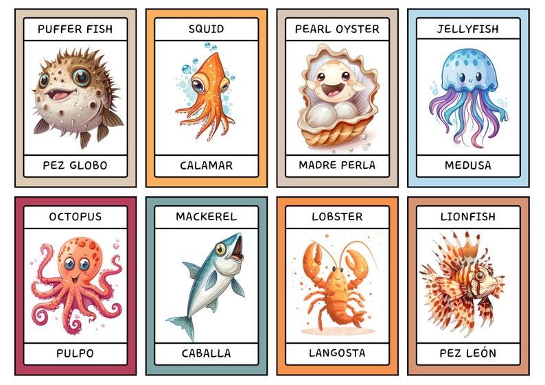 Aquatic Animals Flashcards English and Spanish Vocabulary set of 24 - Etsy