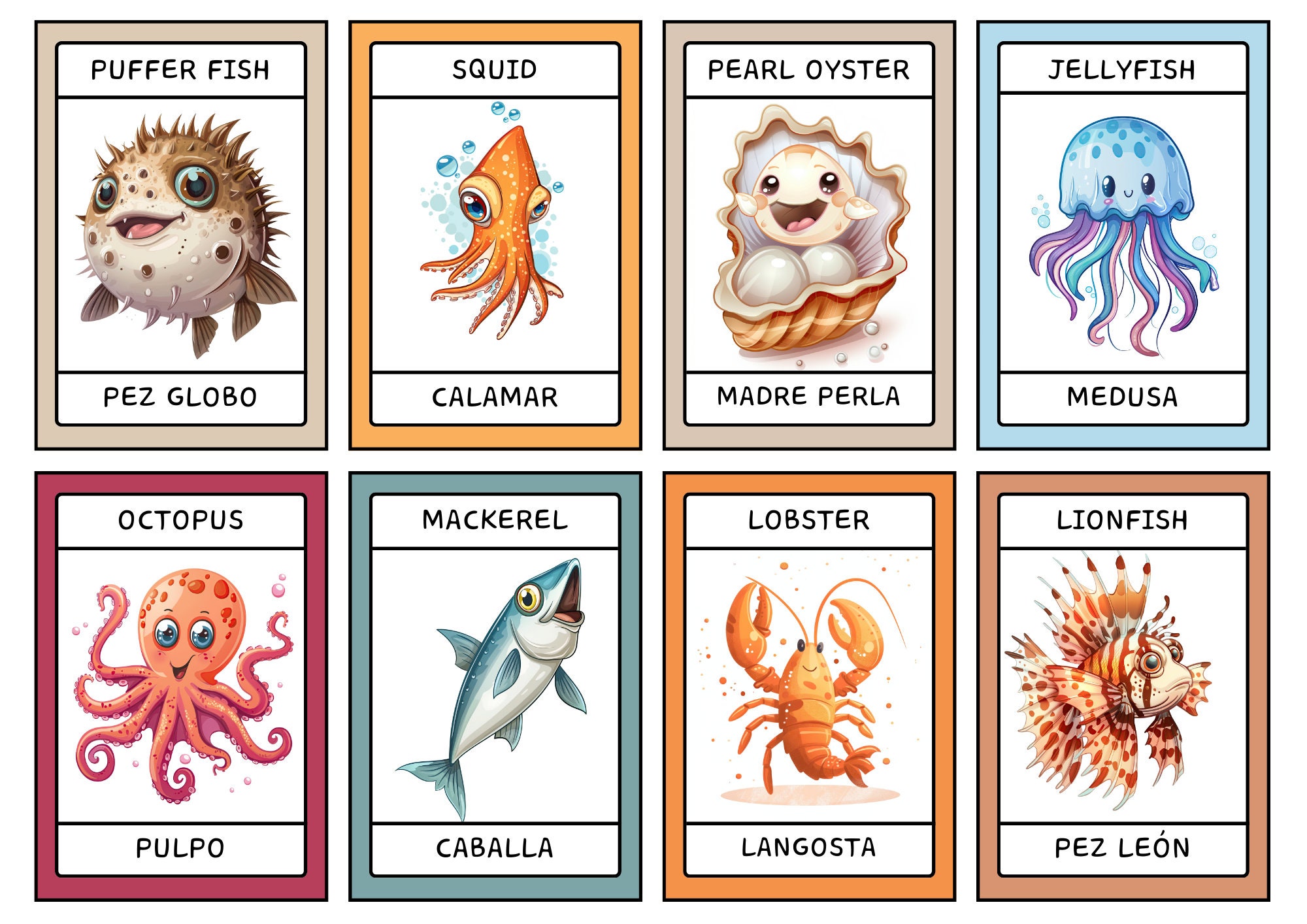 Aquatic Animals Flashcards English and Spanish Vocabulary set of 24 - Etsy